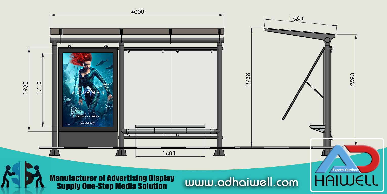 City Street Bus Stop Shelter with Mupi Side Advertising Light Box - Adhaiwell